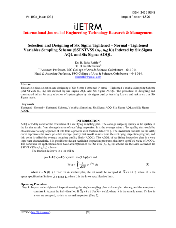 (PDF) Selection and Designing of Six Sigma Tightened -Normal -Tightened Variables Sampling ...