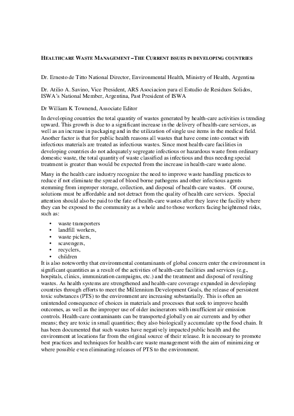 (PDF) HEALTHCARE WASTE MANAGEMENT -THE CURRENT ISSUES IN DEVELOPING ...