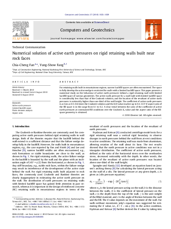 (PDF) Numerical solution of active earth pressures on rigid retaining walls built near rock faces