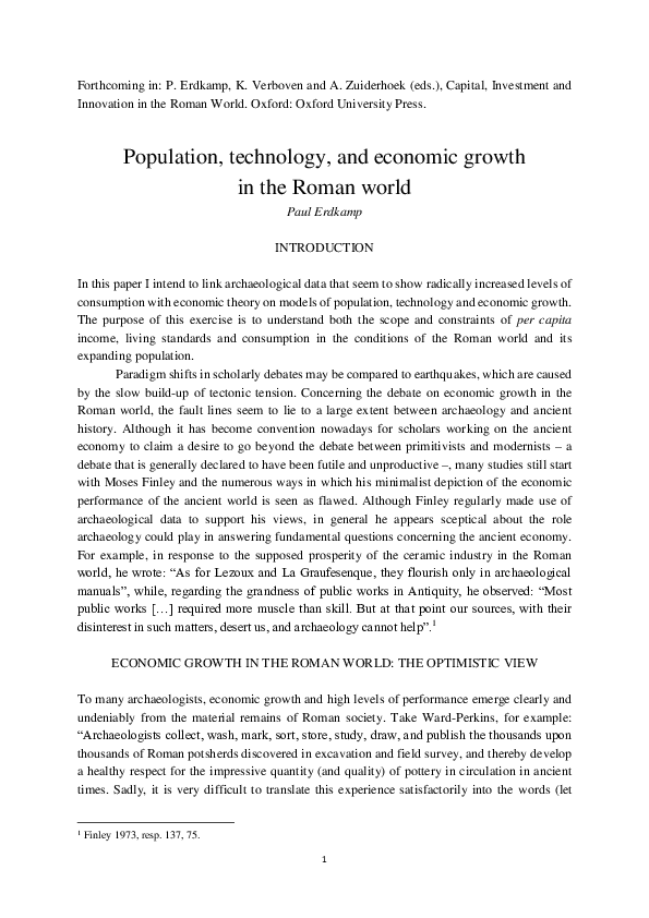 (PDF) Population, technology, and economic growth in the Roman world