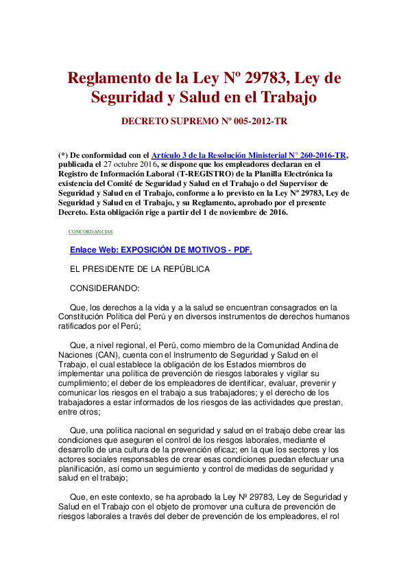(PDF) Reglamento de la Ley 29783 de Seguridad y Salud en el ...