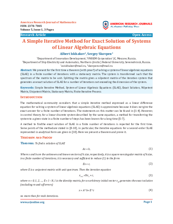 Pdf A Simple Iterative Method For Exact Solution Of Systems Of Linear