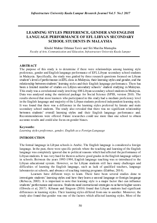 (PDF) LEARNING STYLES PREFERENCE, GENDER AND ENGLISH LANGUAGE PERFORMANCE OF EFL LIBYAN ...