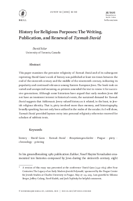 (PDF) David Sclar, “History for Religious Purposes: The Writing ...