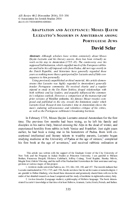 (PDF) David Sclar, “Adaptation and Acceptance: Moses Ḥayim Luzzatto’s ...