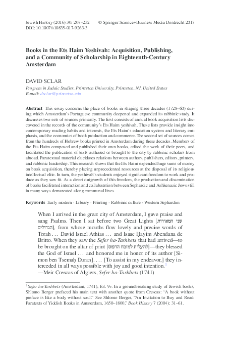 (PDF) David Sclar, “Books in the Ets Haim Yeshiva: Acquisition ...