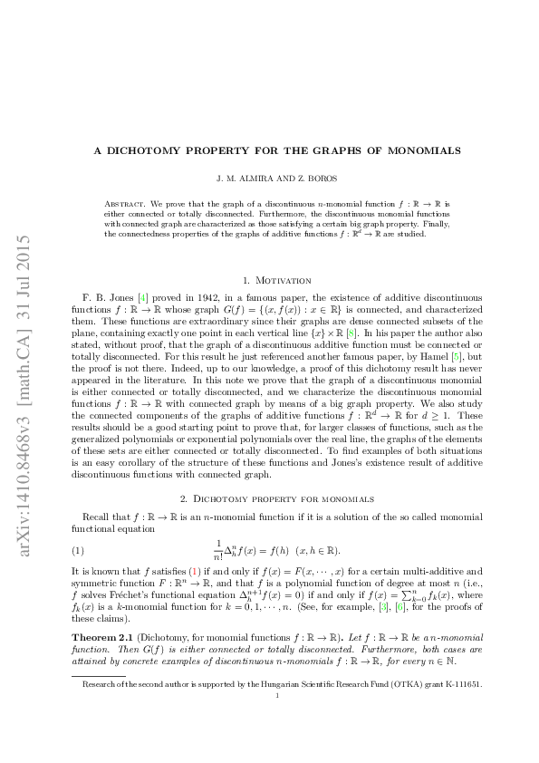 (PDF) A DICHOTOMY PROPERTY FOR THE GRAPHS OF MONOMIALS