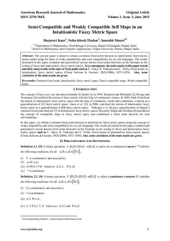 (PDF) Semi-Compatible and Weakly Compatible Self Maps in an Intuitionistic Fuzzy Metric Space ...