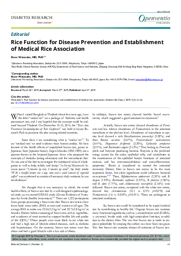 (PDF) Rice Function for Disease Prevention and Establishment of Medical ...
