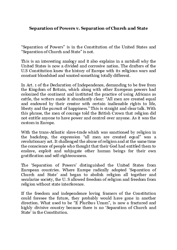 (PDF) Separation of Powers v. Separation of Church and State