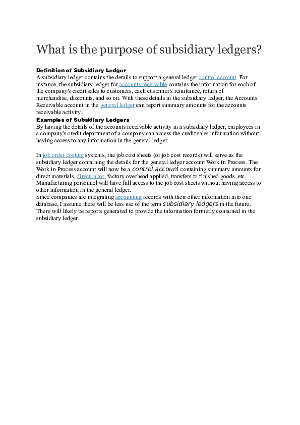 What Is The Purpose Of Subsidiary Ledgers