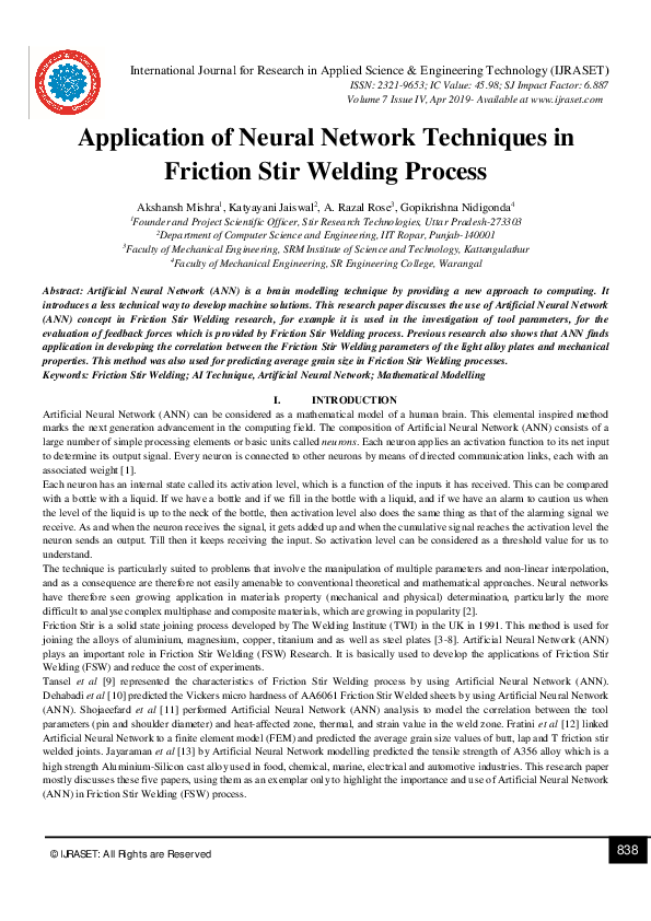 (PDF) Application of Neural Network Techniques in Friction Stir Welding Process