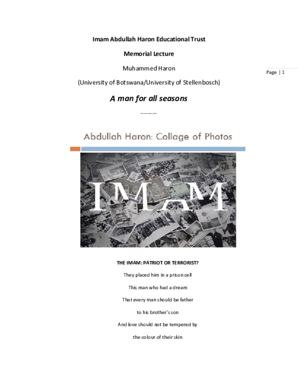 (PDF) Imam Abdullah Haron Educational Trust Memorial Lecture