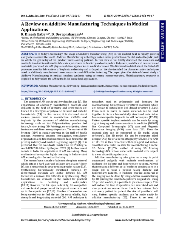(PDF) A Review on Additive Manufacturing Techniques in Medical Applications