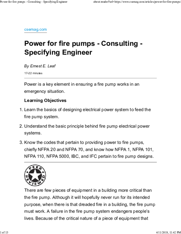 (PDF) Power for fire pumps -Consulting - Specifying Engineer