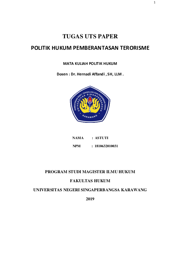(PDF) TUGAS UAS PAPER POLITIK HUKUM PEMBRANTASAN TERORISME