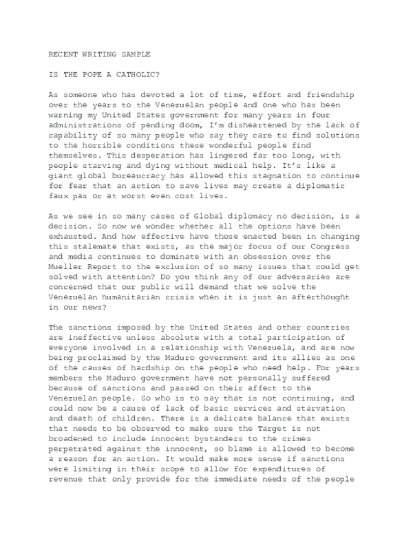 (DOC) RECENT WRITING SAMPLE POPE