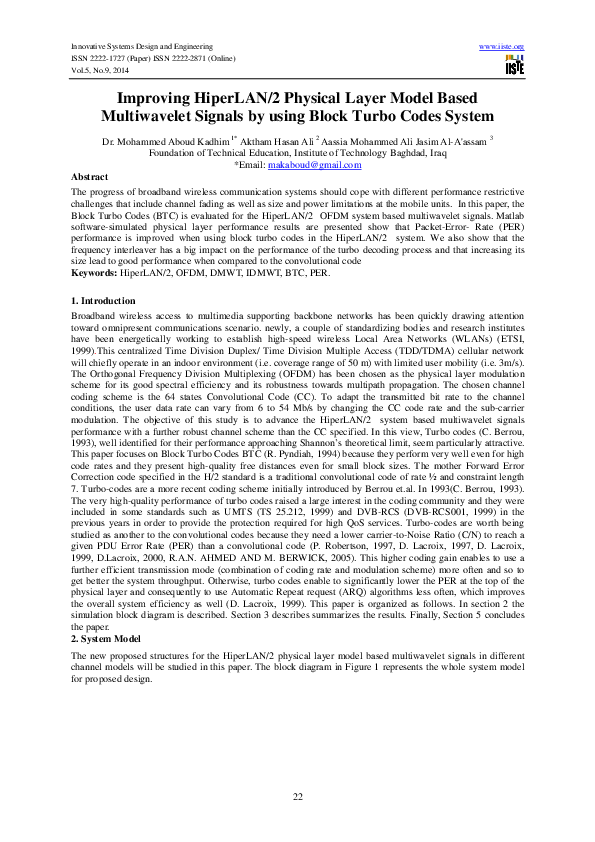 Pdf Improving Hiperlan 2 Physical Layer Model Based Multiwavelet Signals By Using Block Turbo