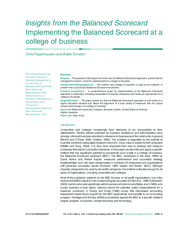 (PDF) Insights from the Balanced Scorecard Implementing the Balanced Scorecard at a college of ...