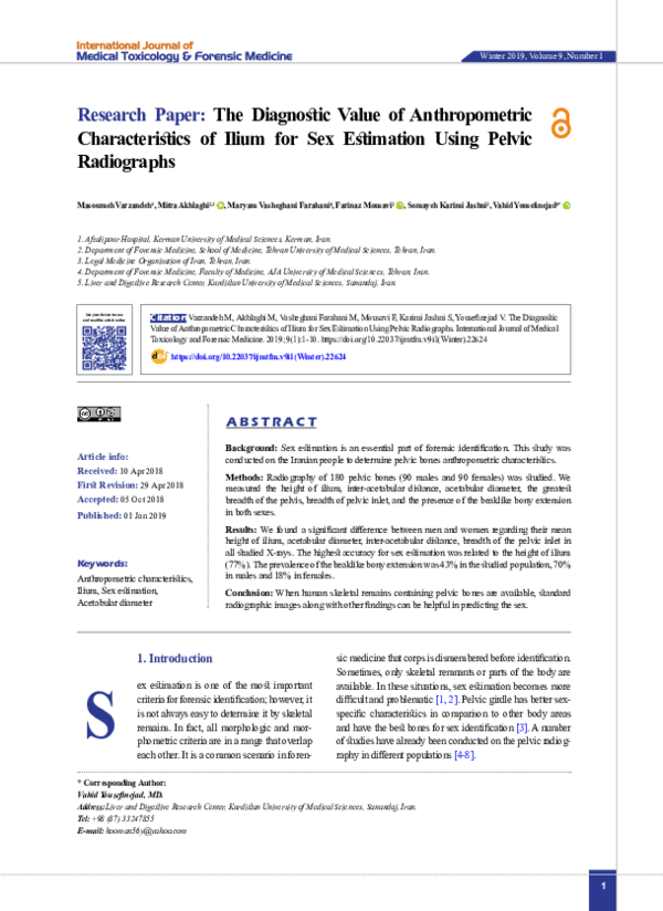 Pdf The Diagnostic Value Of Anthropometric Characteristics Of Ilium For Sex Estimation Using