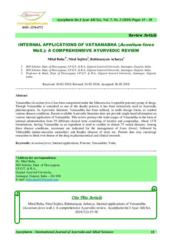 (PDF) INTERNAL APPLICATIONS OF VATSANABHA (Aconitum ferox Wall.): A ...