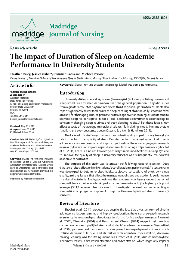 (PDF) The Impact of Duration of Sleep on Academic Performance in University Students