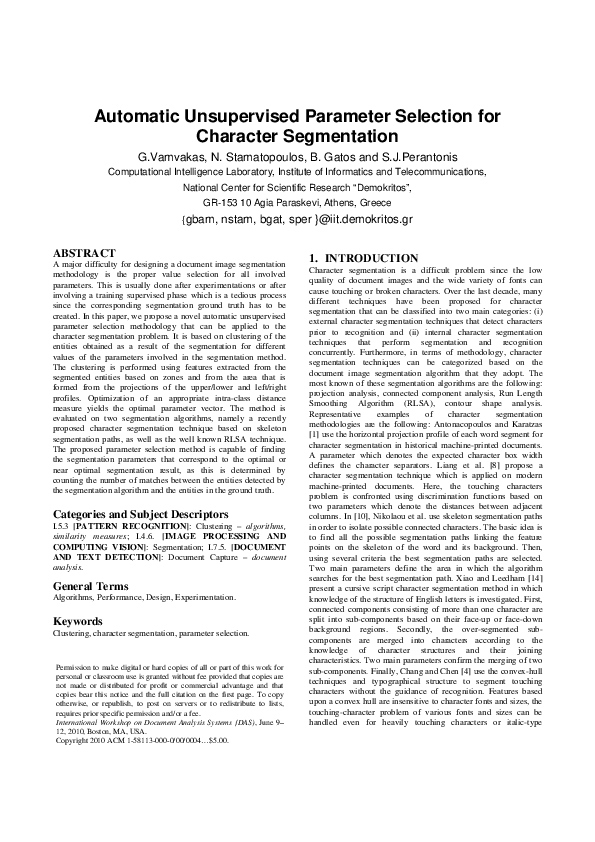 (PDF) Automatic unsupervised parameter selection for character segmentation