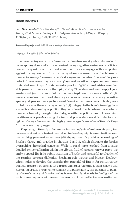 (PDF) Lara Stevens. Anti-War Theatre after Brecht: Dialectical ...