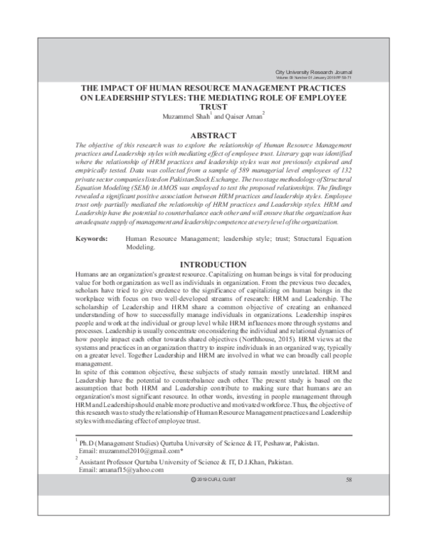 (PDF) THE IMPACT OF HUMAN RESOURCE MANAGEMENT PRACTICES ON LEADERSHIP STYLES: THE MEDIATING ROLE ...