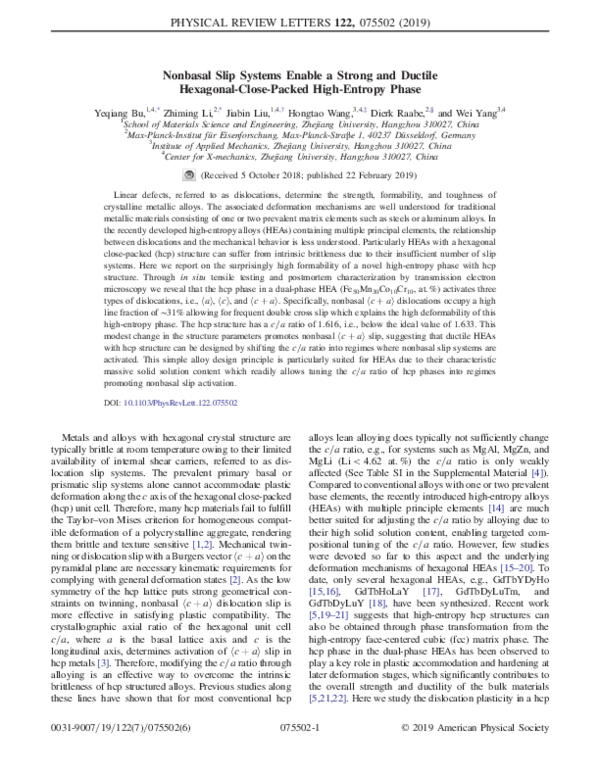 (PDF) Nonbasal Slip Systems Enable a Strong and Ductile Hexagonal-Close ...