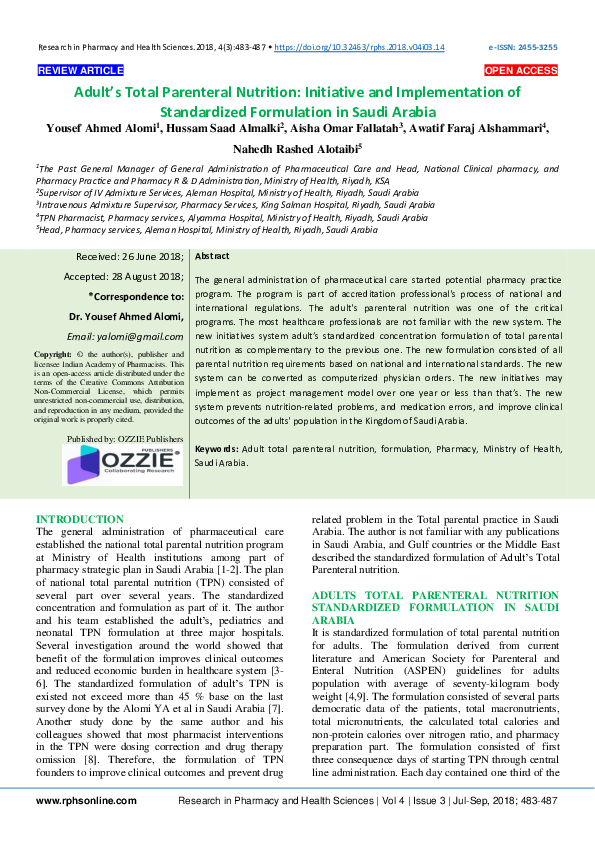 (PDF) Adult’s Total Parenteral Nutrition: Initiative and Implementation of Standardized ...