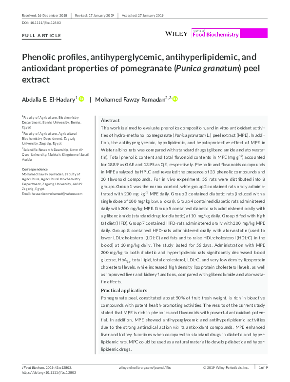 (PDF) Phenolic profiles, antihyperglycemic, antihyperlipidemic, and antioxidant properties of ...