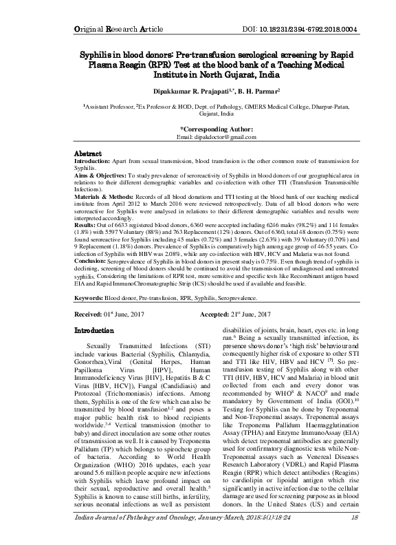 (PDF) Syphilis in blood donors: Pre-transfusion serological screening ...