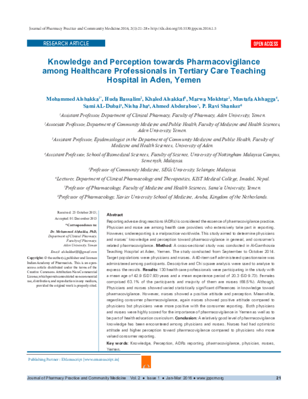 (PDF) Knowledge and Perception towards Pharmacovigilance among Healthcare Professionals in ...