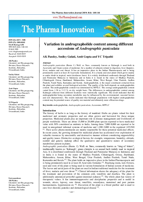 (PDF) Variation in andrographolide content among different accessions of Andrographis paniculata