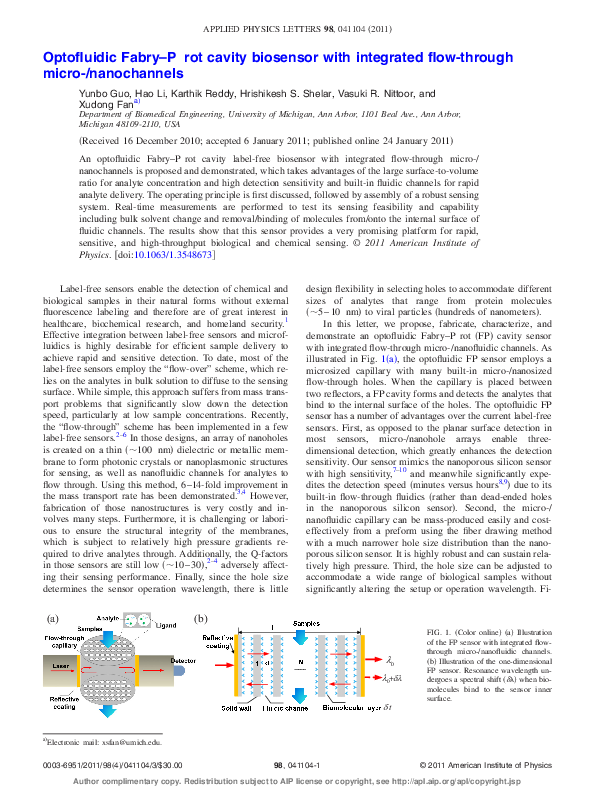 (PDF) Optofluidic Fabry Pérot cavity biosensor with integrated flow-through micro-/nanochannels