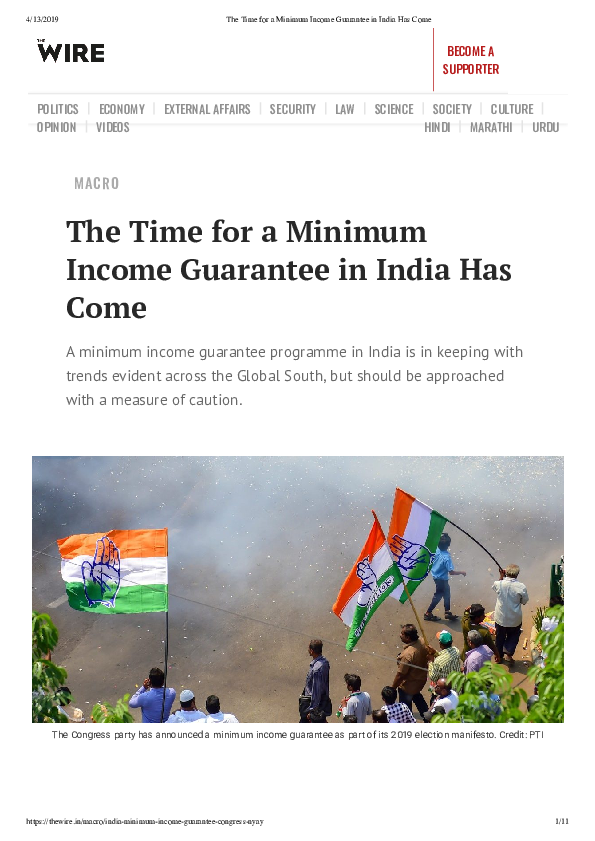 (PDF) The Time for a Minimum Income Guarantee in India Has Come