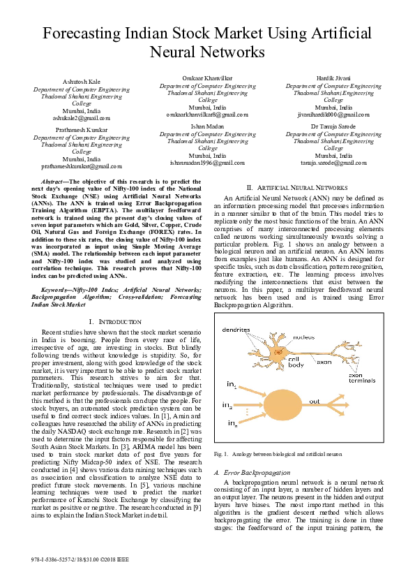 Pdf Forecasting Indian Stock Market Using Artificial Neural Networks