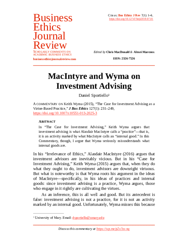 (PDF) MacIntyre and Wyma on Investment Advising