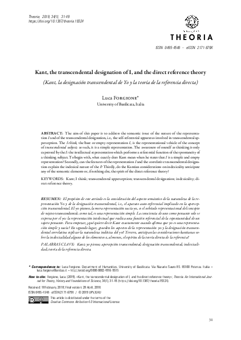 (PDF) Kant, the transcendental designation of I, and the direct ...