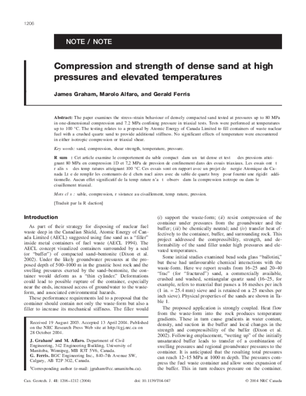(PDF) Compression and strength of dense sand at high pressures and ...
