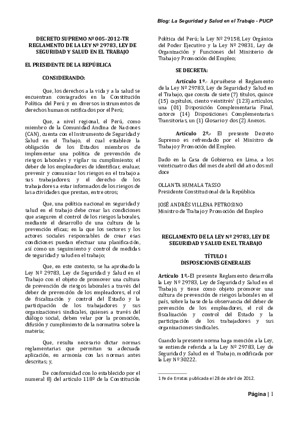 (PDF) Decreto supremo n 005 2012 tr reglamento de la ley n 29783 ley de seguridad y salud en el ...