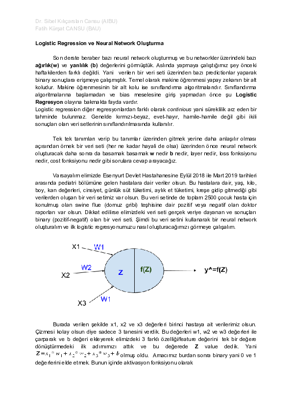 (PDF) Logistic Regression ve Neural Network Oluşturma