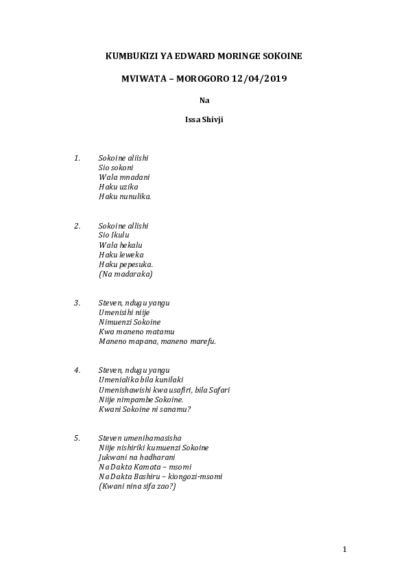 (PDF) KUMBUKIZI YA EDWARD MORINGE SOKOINE MVIWATA -MOROGORO 12/04/2019