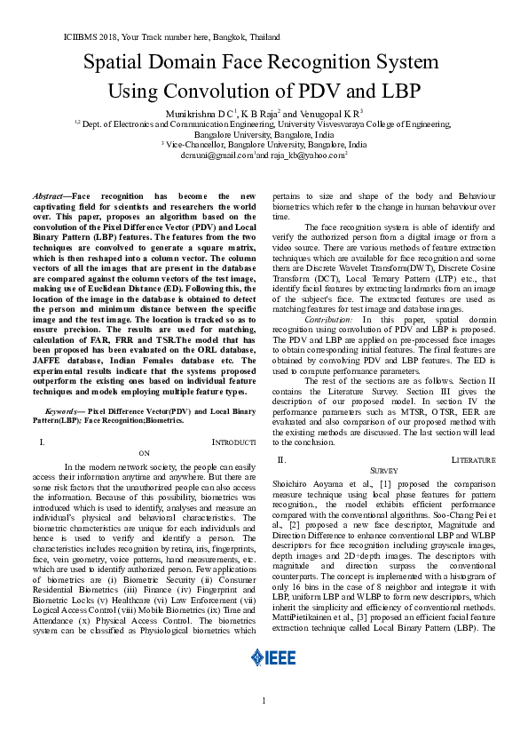(DOC) Spatial Domain Face Recognition System Using Convolution of PDV ...