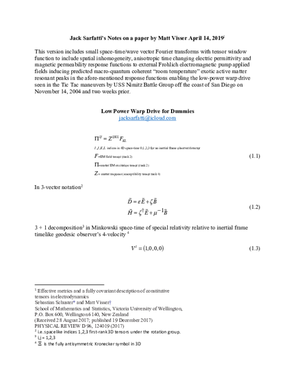 (PDF) Low Power Warp Drive Equations Update April 14, 2019