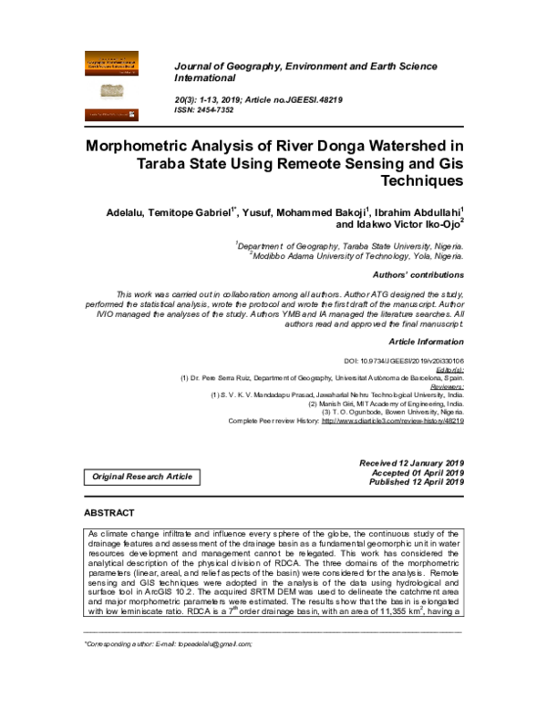 (PDF) Morphometric Analysis of River Donga Watershed in Taraba State ...
