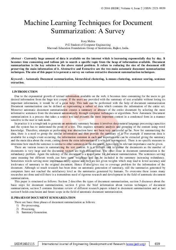 (PDF) Machine Learning Techniques for Document Summarization: A Survey