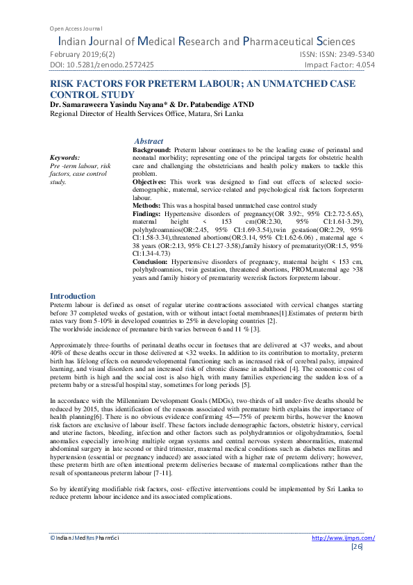 (PDF) RISK FACTORS FOR PRETERM LABOUR; AN UNMATCHED CASE CONTROL STUDY ...