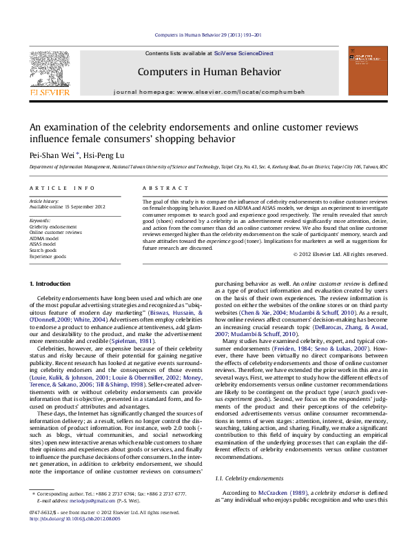 (PDF) An examination of the celebrity endorsements and online customer ...